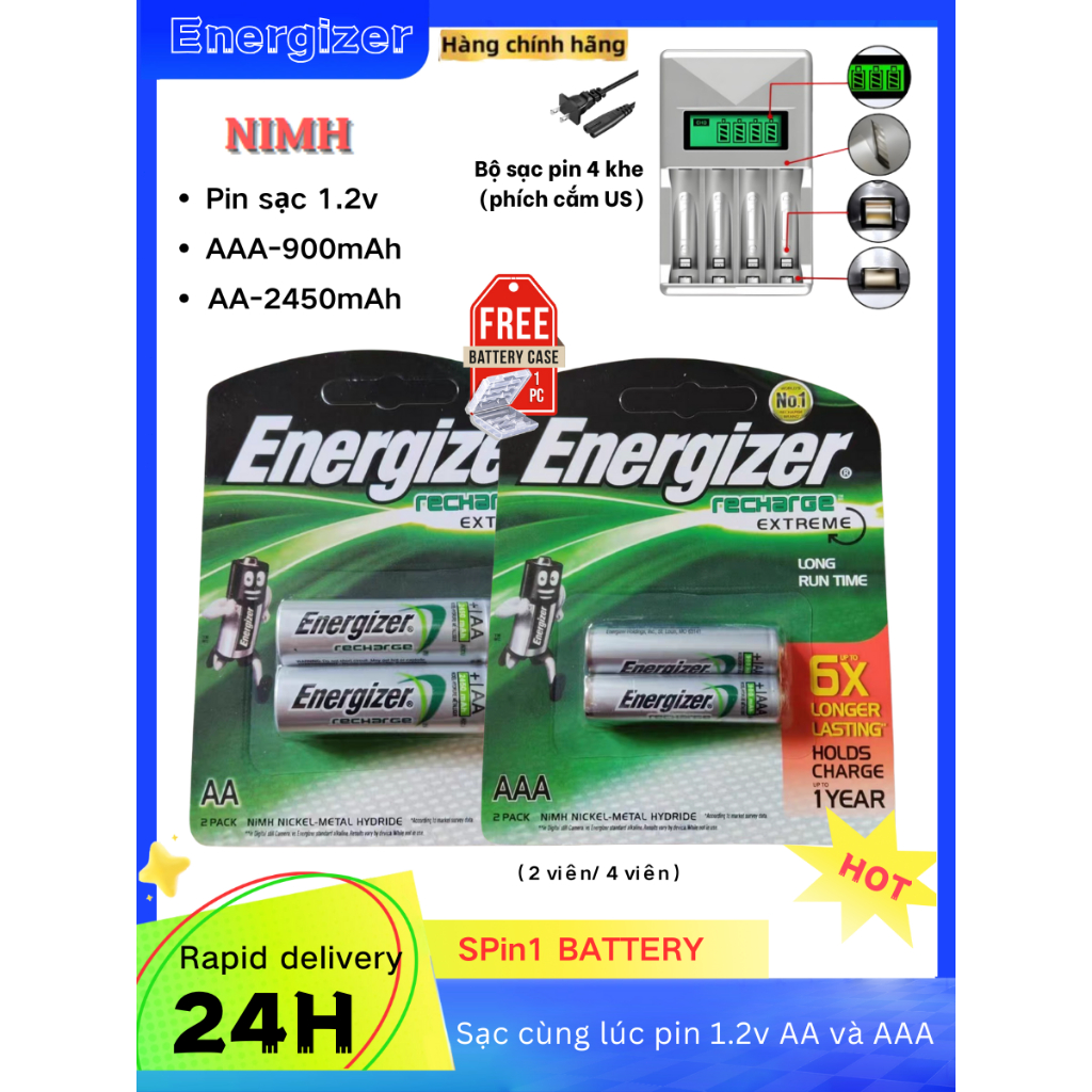 2/4 Viên Chính Hãng Pin AA/AAA Energizer Pin Sạc Dung Lượng 900/2450mah ...
