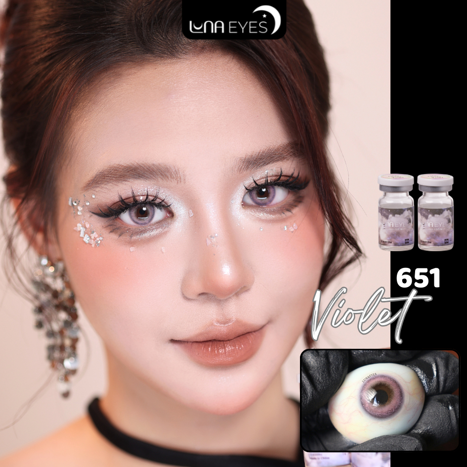 [6 tháng] Lens mắt 651 Violet màu tím vàng nổi bật, viền omber, size ...