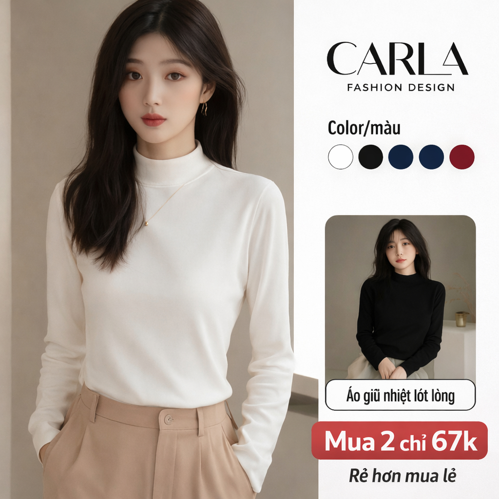 CARLA Áo Giữ Nhiệt Nữ – Cổ Cao 3 Phân Ôm Dáng Lót Nỉ Nhẹ, Mềm Mịn ...