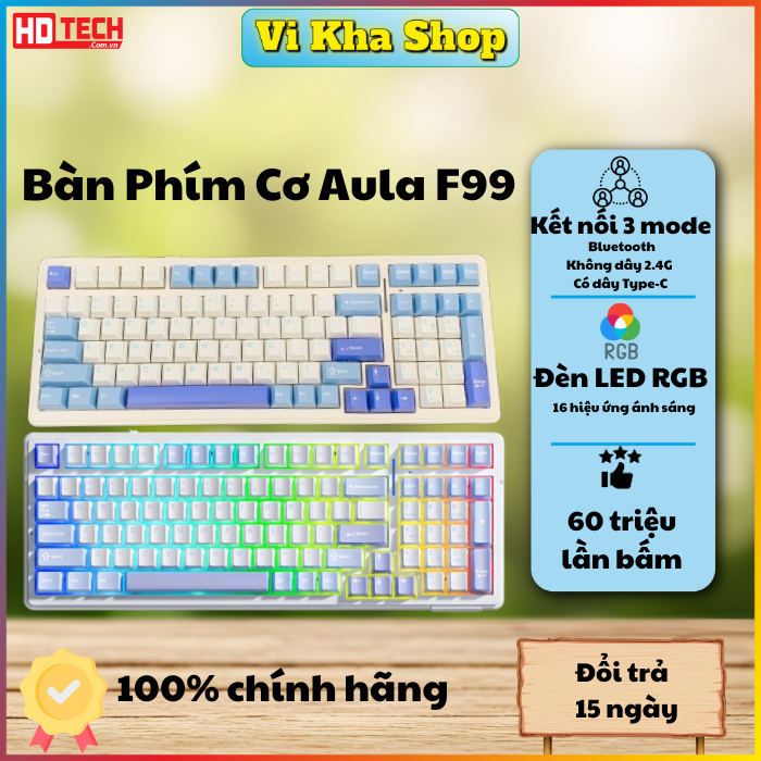 Bàn Phím Cơ AULA 99 Phím Xanh Trắng Tím 3 Mode Kết Nối Bluetooth 2.4G ...