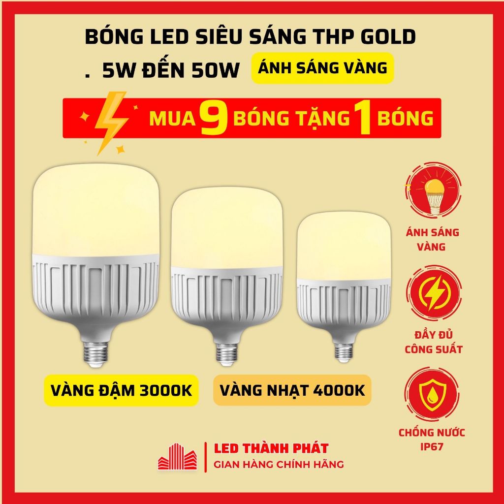 Bóng đèn led THP Gold ánh sáng vàng 50w 40w 30w 20w 10w 5w , bóng led ...