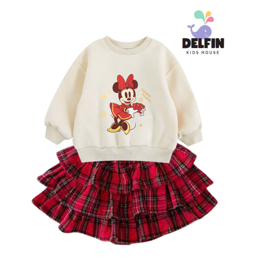 Sét TẾT bé gái áo Tay Dài Sweater mix chân váy Caro đỏ 3 tầng Delfinkid ...