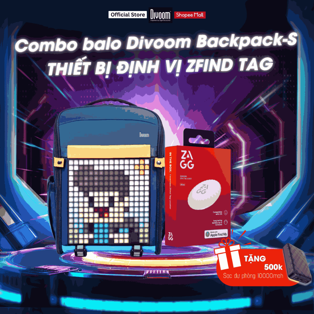 Combo balo Divoom Backpack-S màn hình LED hiển thị pixel art, và thiết ...