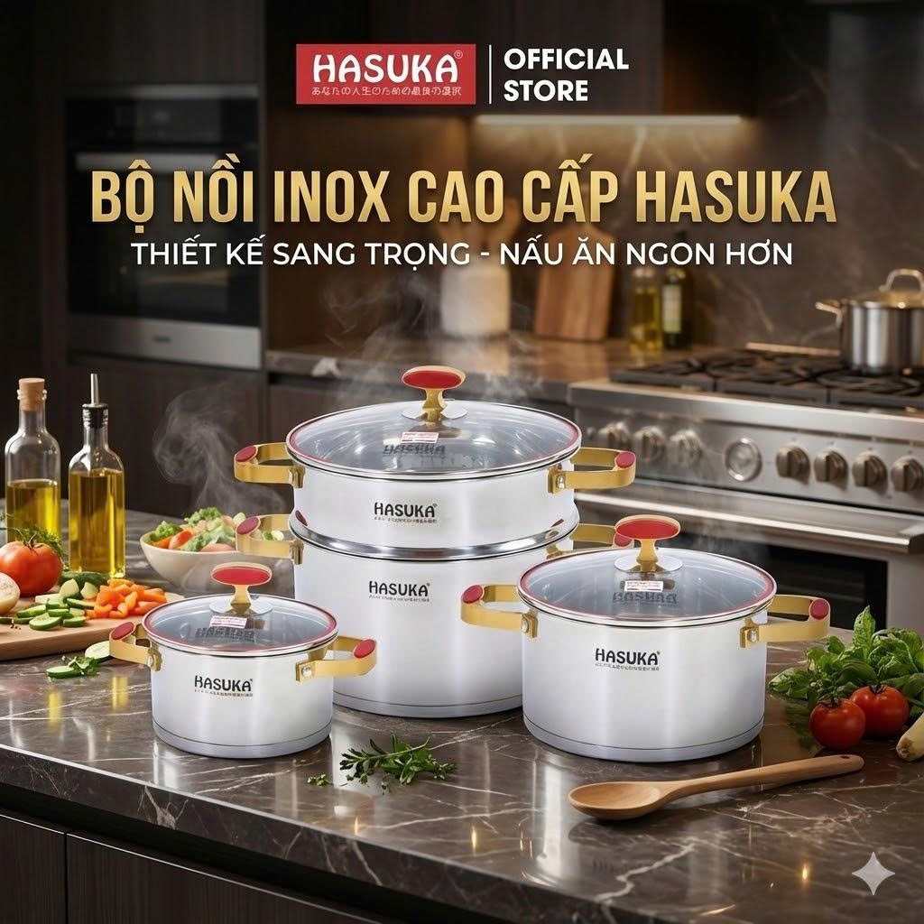 Bộ nồi inox 5 đáy HASUKA HSK-BN386 không gỉ, bộ nồi inox 304 đáy nồi 5 ...