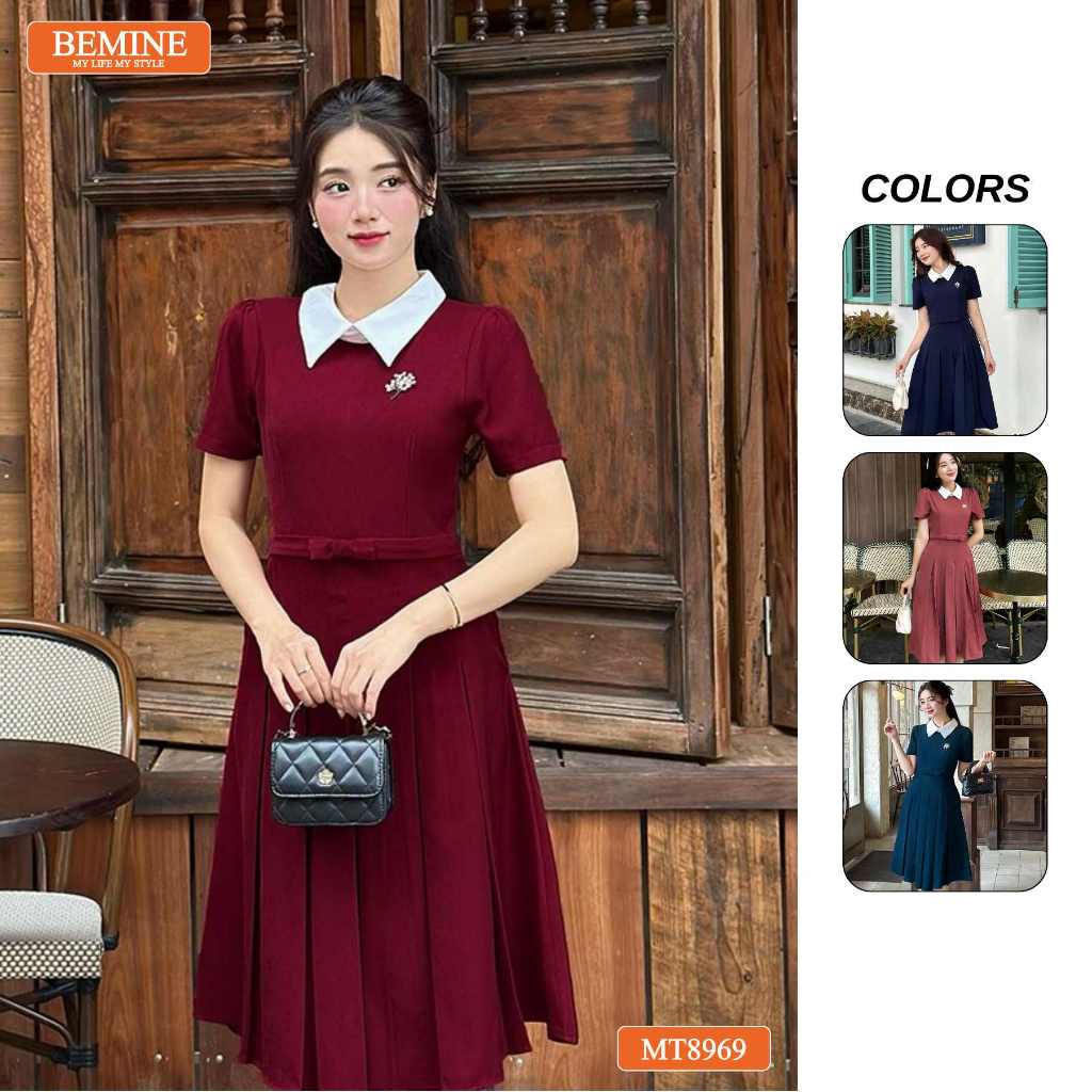 Đầm thiết kế cổ sen eo đính nơ tùng xếp ly BEMINE MT8969 | Shopee Việt Nam