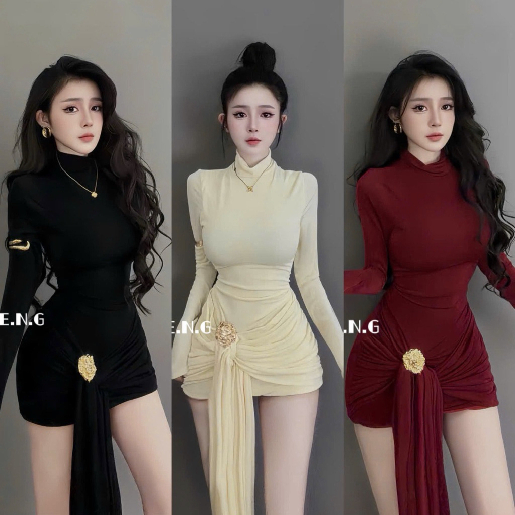 Đầm body nhúng phối vạt kèm tag cài xinh | Shopee Việt Nam