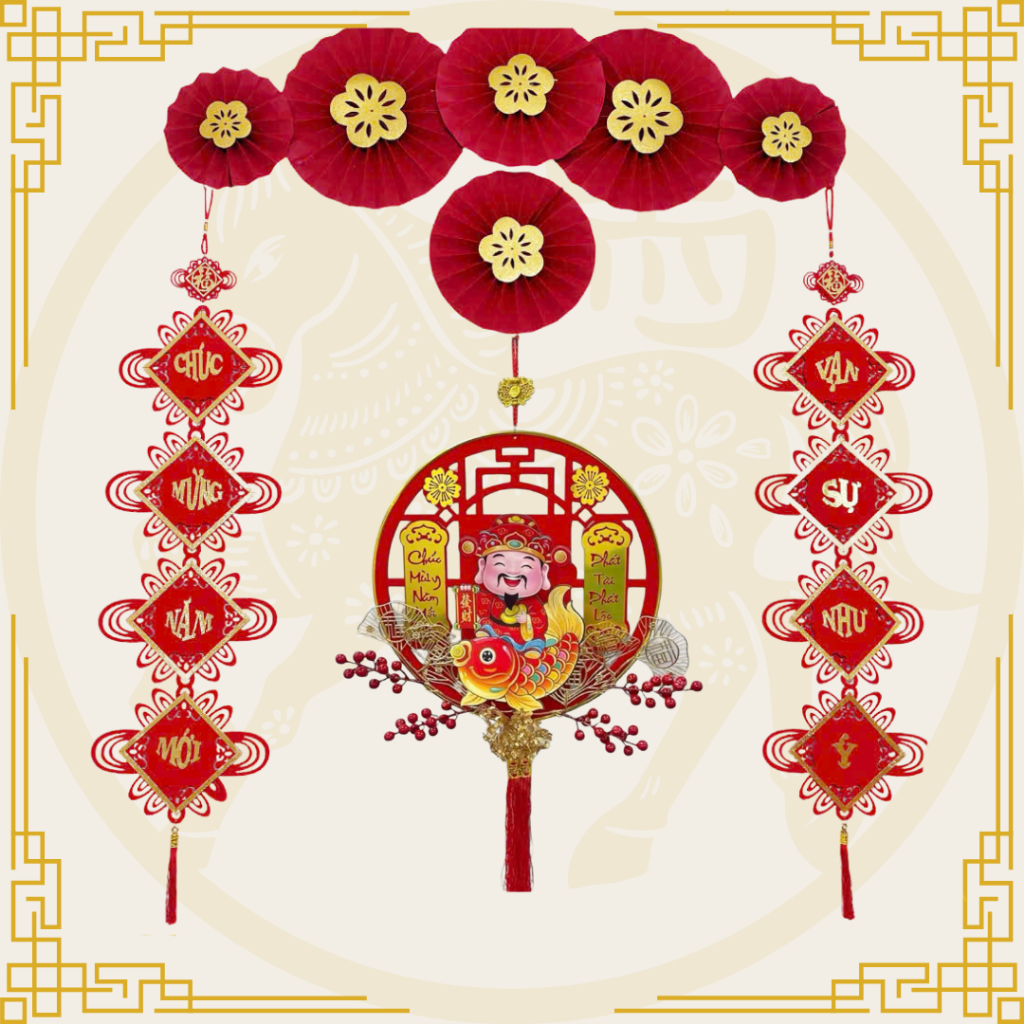 (Decor Tết) Set Trang Trí Tết Ông Thần Tài Lắc Gật Đầu , Câu Đối Nhung ...