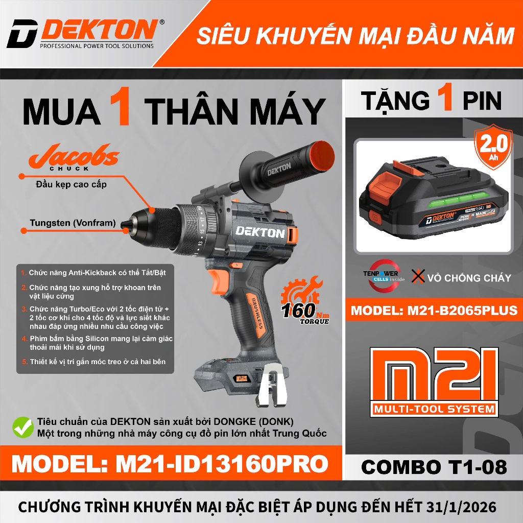 Máy Khoan 3 Chức Năng 160Nm Dekton M21-ID13160PRO - Đầu cặp Jacobs 13 ...