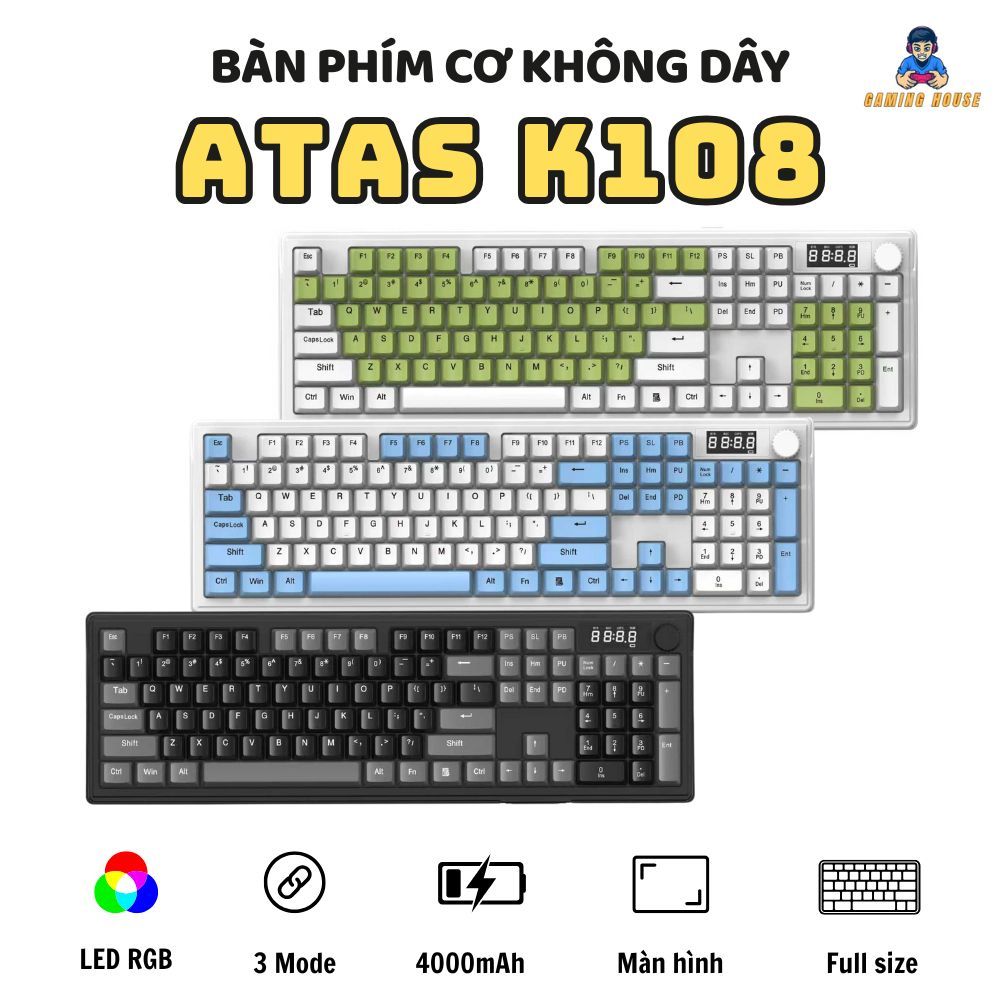 Bàn phím cơ không dây ATAS K108 3 Mode - LED RGB - Có Hot-swap - Pin ...