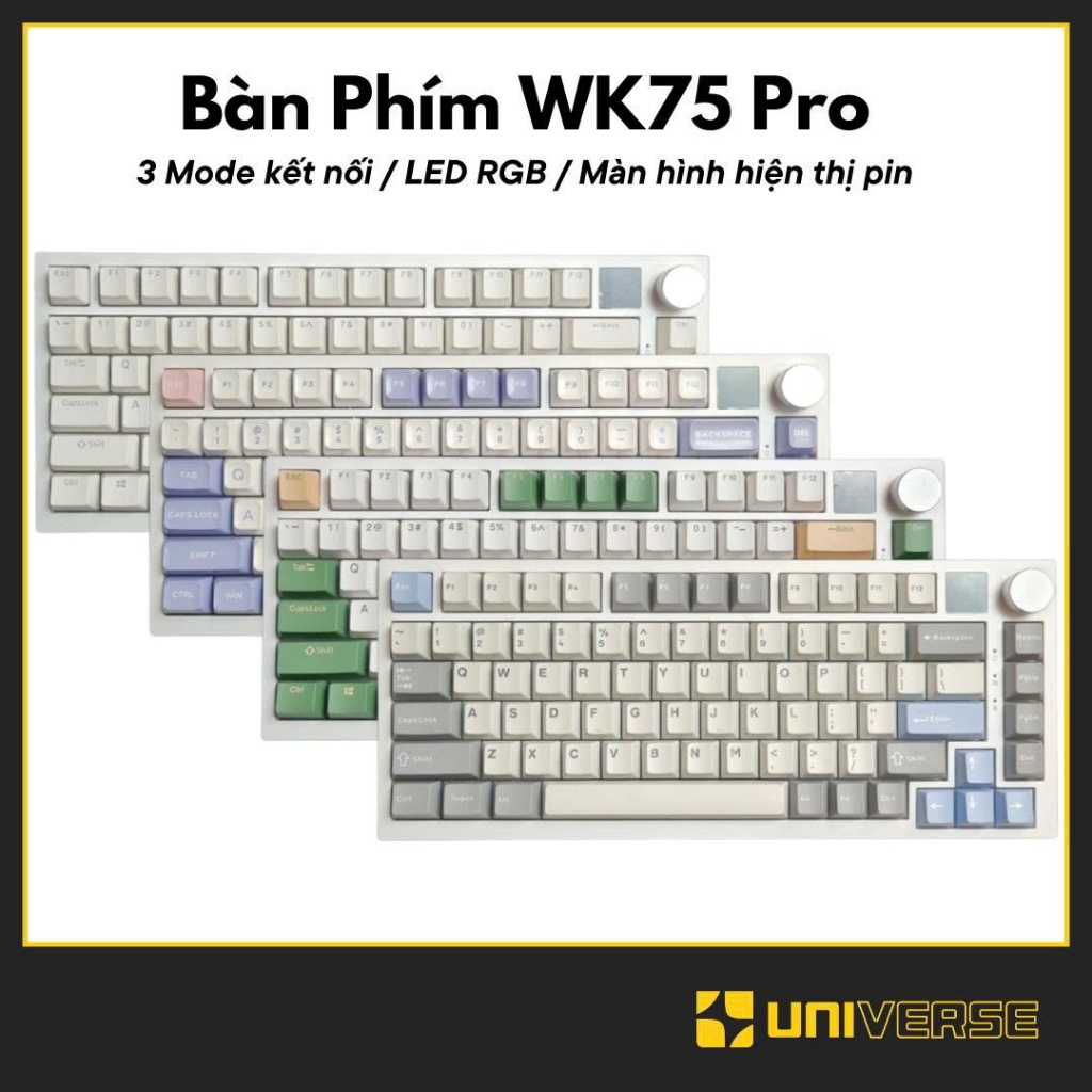 Bàn phím cơ WK75 Pro 3 mode bàn phím bluetooth, 2.4ghz, dây, rgb ...