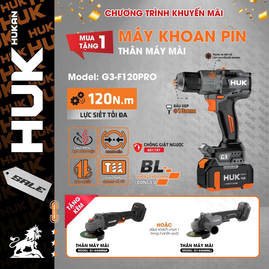 Máy khoan pin 3 chức năng HUKAN G3-F120PRO, Lực siết 120Nm, Có Anti ...