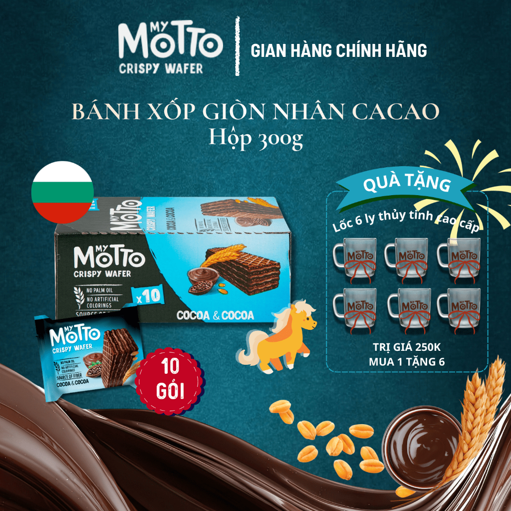 [MUA LÀ CÓ QUÀ] Bánh xốp giòn nhân Cacao MY MOTTO 300g (Hộp 10 bánh x ...
