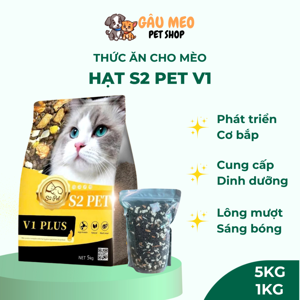 Hạt cho mèo S2 pet V1, đạm cao 32%, 50% hạt 50% topping, thúc đẩy tiêu ...