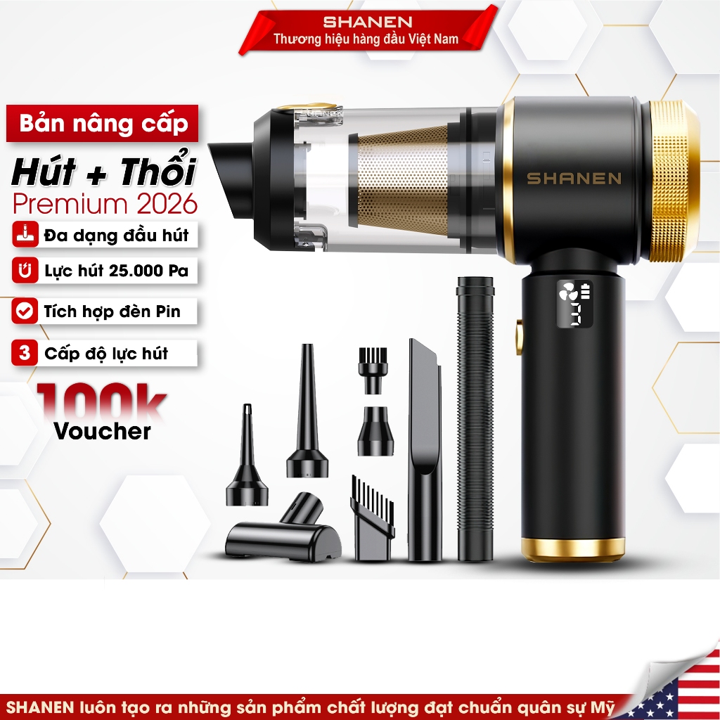Máy hút bụi cầm tay SHANEN, 3 cấp độ hút mạnh mẽ, Tích hợp đèn Pin, Màn ...