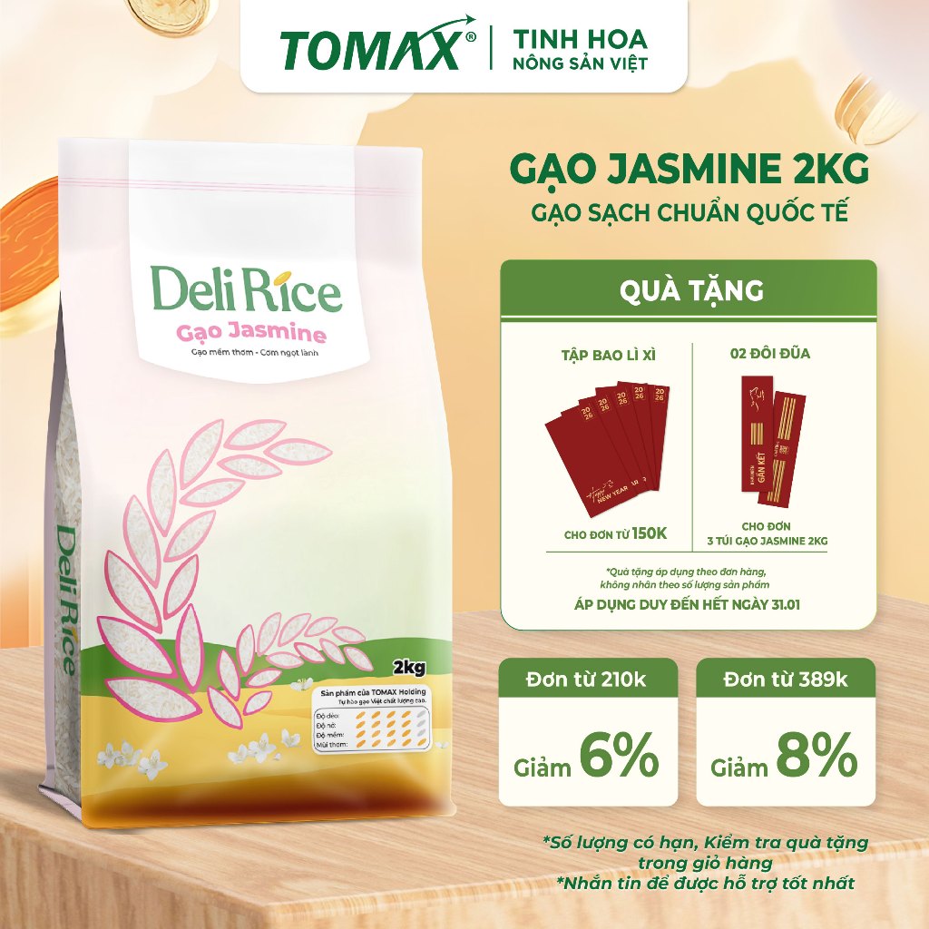 Gạo Jasmine Deli Rice 2kg Dẻo Mềm, Tơi Xốp, Ngọt Thơm Tự Nhiên - TOMAX ...