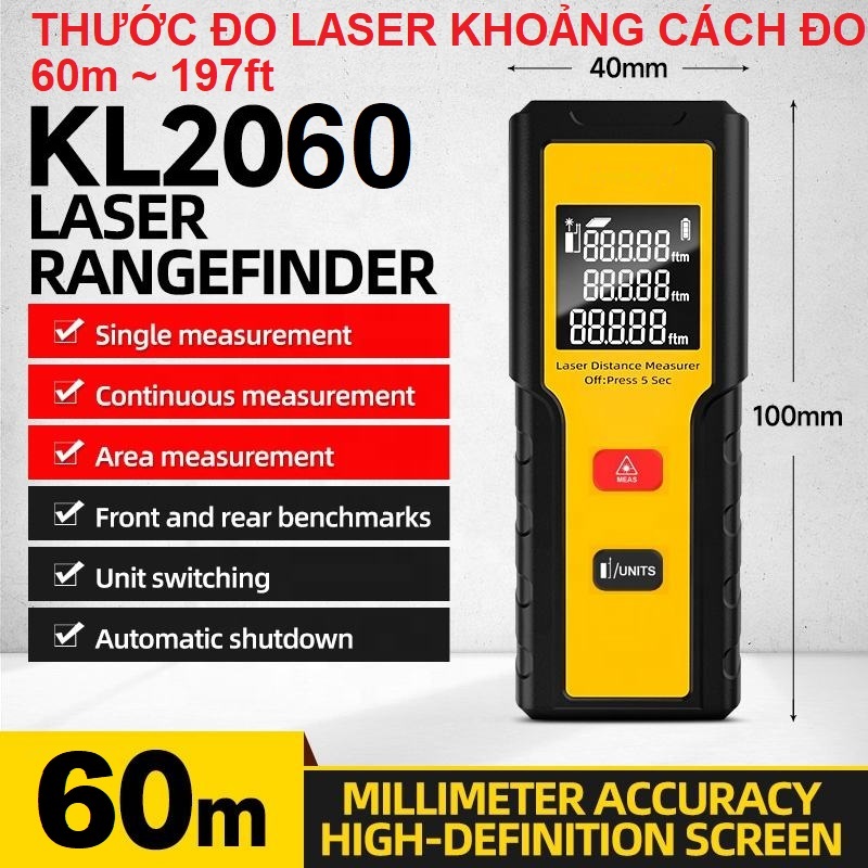 Thước đo khoảng cách bằng tia laser 60m KL2060, Khoảng cách đo tối đa ...