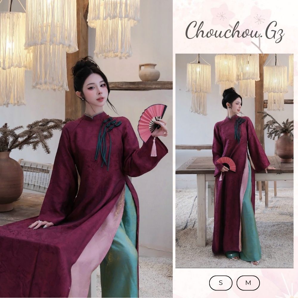 Áo dài 4 tà cổ tàu phối vai kèm quần, áo dài cách tân dáng suông, áo ...