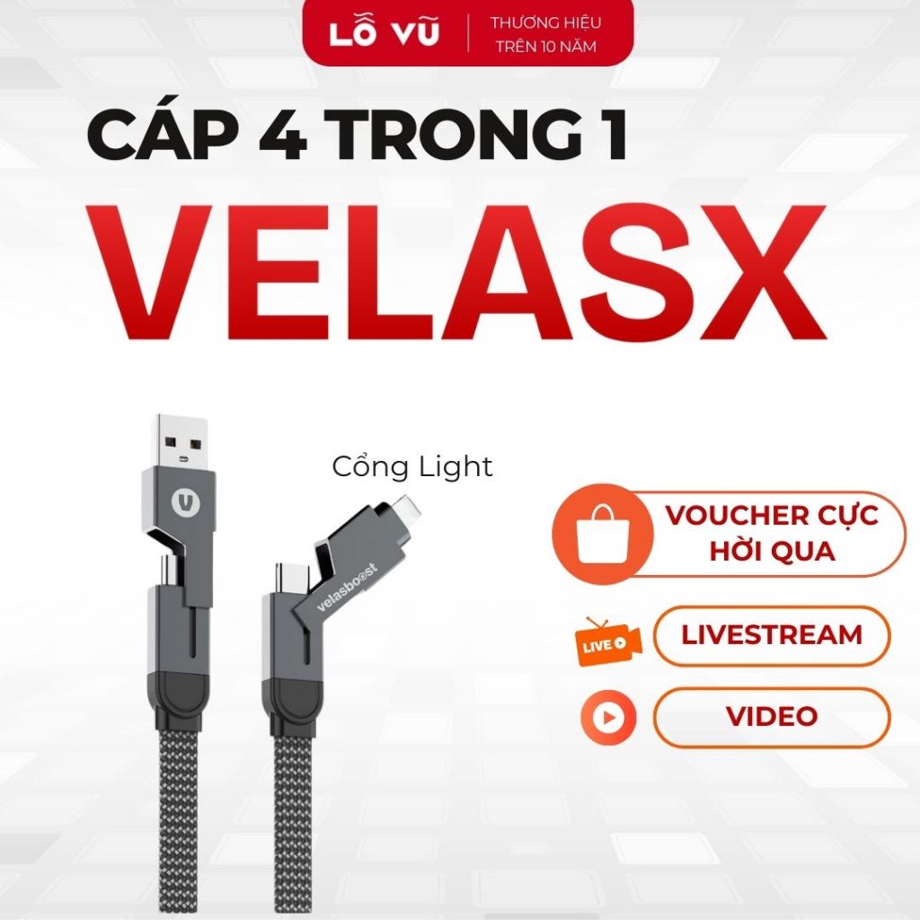 Dây sạc nhanh 4 trong 1 velasX velasboost, Truyền dữ liệu, Bọc dù, Đầu ...