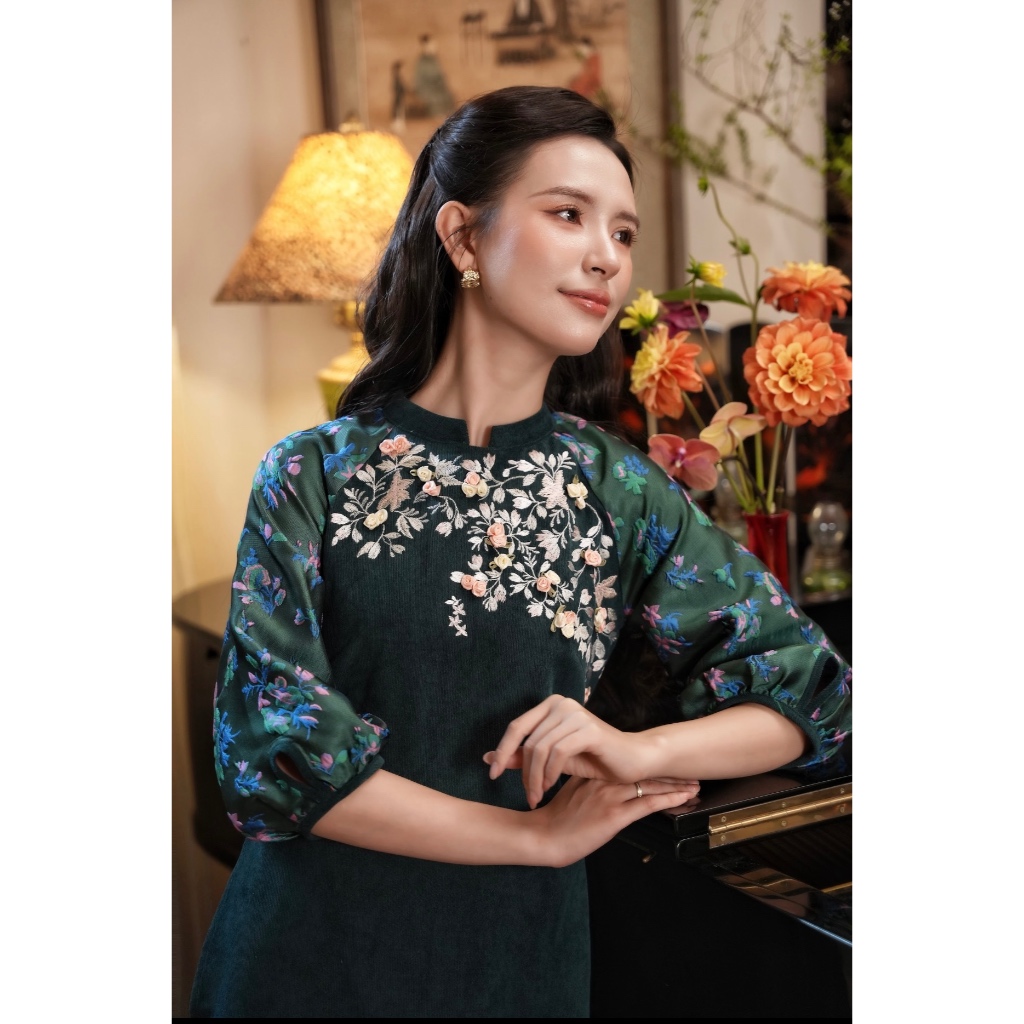 Áo dài thiết kế cao cấp Mayy Fashion nhung xanh thêu hoa Lục Bảo ...