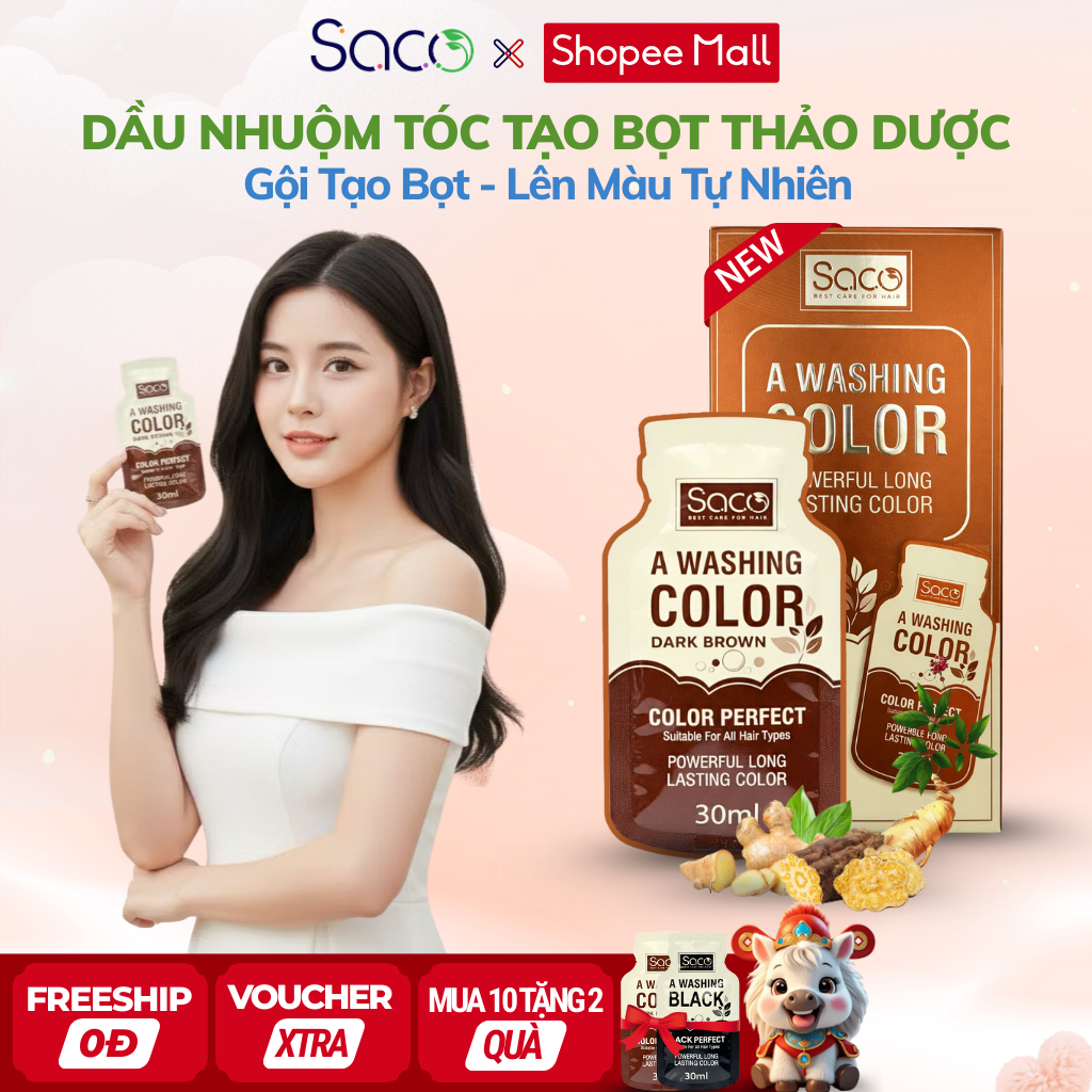 Dầu gội nhuộm tóc tạo bọt thảo dược SACO lên màu tự nhiên dưỡng mượt ...