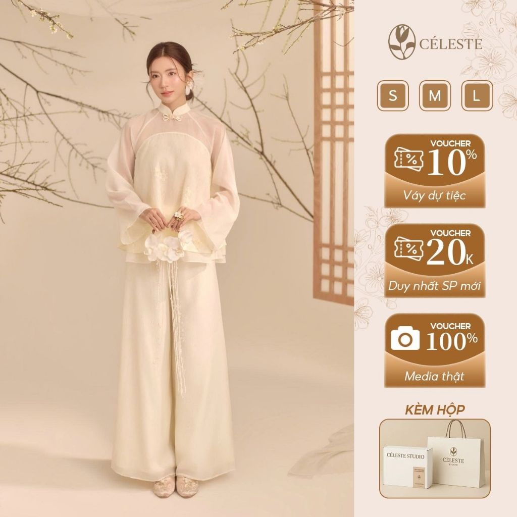 CÉLESTE - Set Quần Áo Mai Tiểu Thư Chất Tơ Ren Mềm Mại, Áo Thiết Kế Tay ...