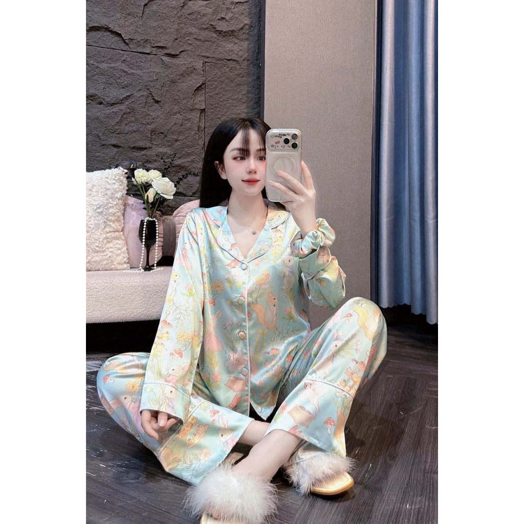 HL86(4size 40-105kg) BỘ PIJAMA TAY DÀI QUẦN DÀI CỔ BẺ- PHỐI ĐÍNH NÚT ...