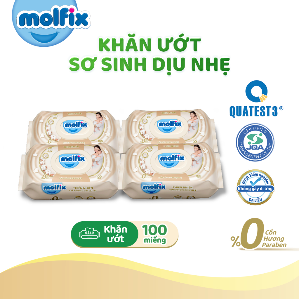 [Tặng BVS Molped] Combo 4 gói Khăn ướt Molfix thiên nhiên sơ sinh dịu ...