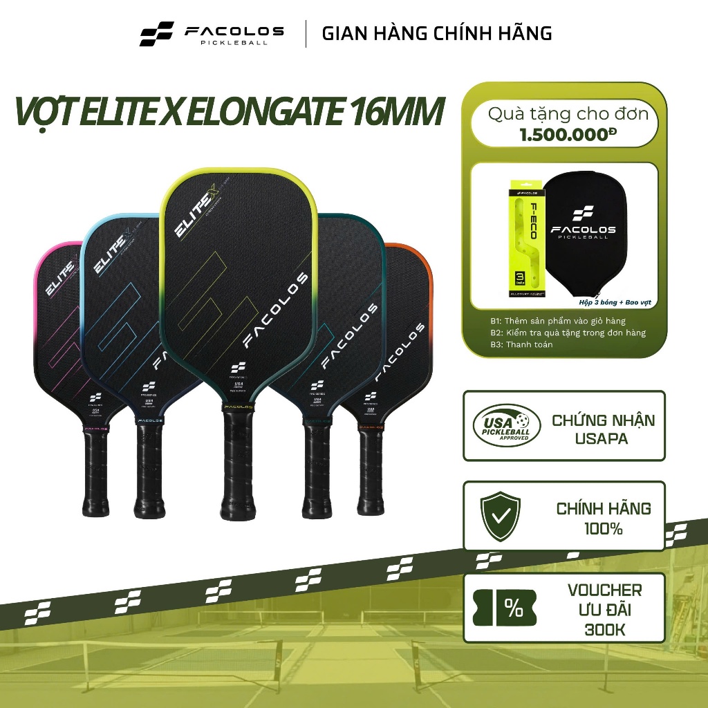 Vợt pickleball Facolos Elite X Elongate (16MM) thiết kế thuôn dài giúp ...
