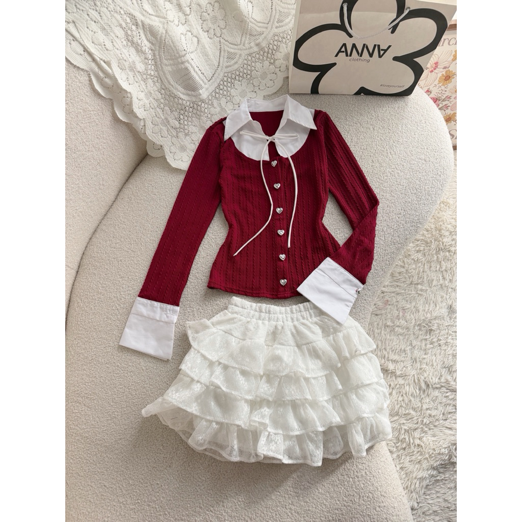 Set Bộ Hai Món Đỏ Phối Trắng Kèm Chân Váy Ren Hoa Chìm Anna - Set ...