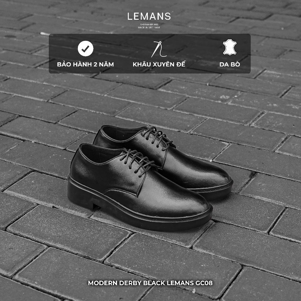 Giày da bò Modern Derby Black LEMANS GC08 - Đế thơm tăng cáo 4cm, giày ...