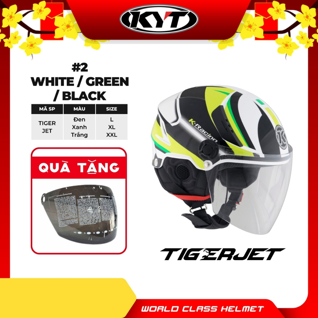 KYT - Nón bảo hiểm 1/2 - TIGER JET #2 WHITE/GREEN/BLACK - Tầm Nhìn Rộng ...