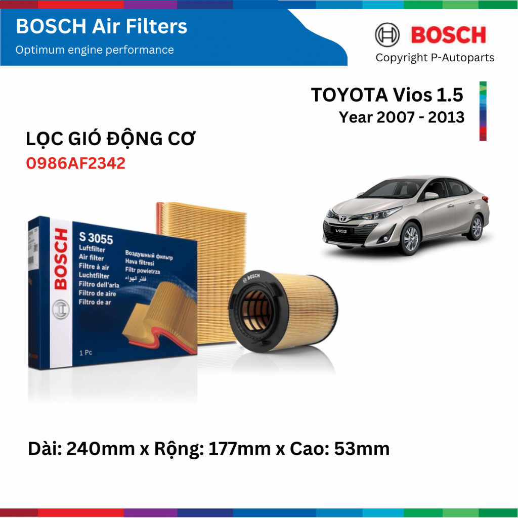 Lọc gió động cơ ô tô BOSCH Air Filter xe TOYOTA Vios đời 2007 đến 2022 ...