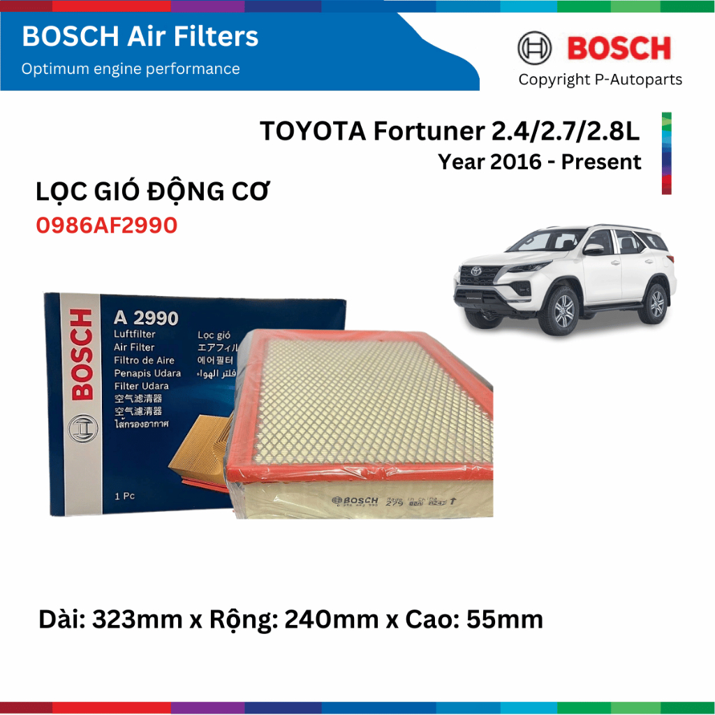 Lọc gió động cơ ô tô BOSCH Air Filter 0986AF2990 xe TOYOTA Fortuner đời ...