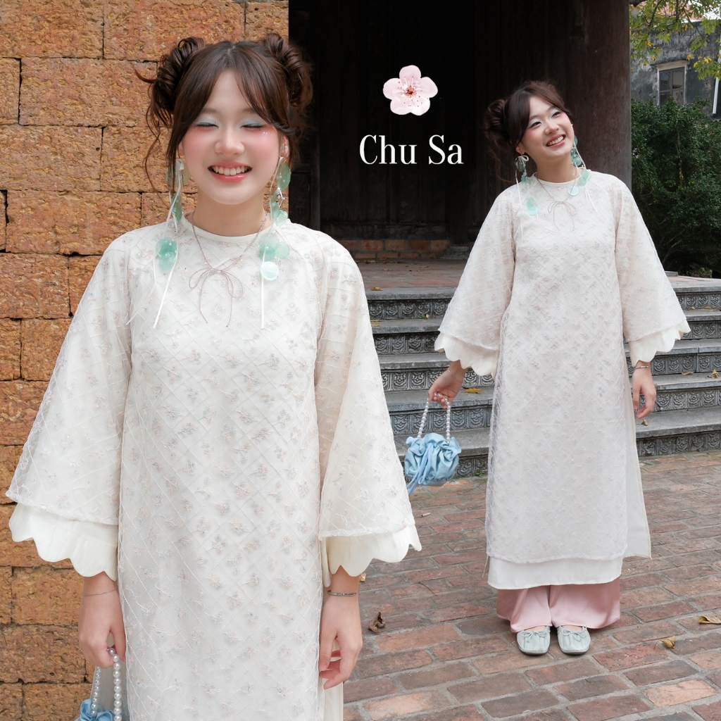 [Không kèm quần] BLEUBIRD Áo dài tulle thêu đính hoa cườm phối tafta ...