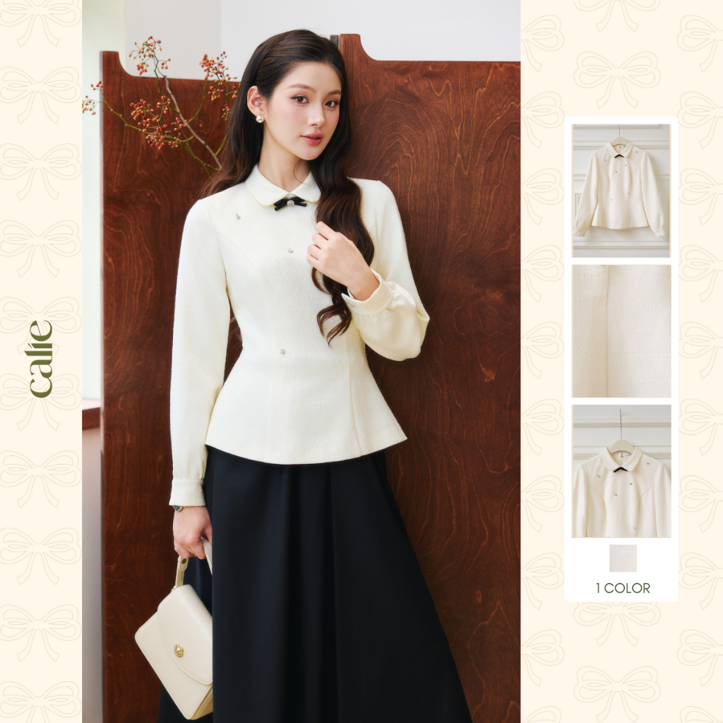(True Bliss) Áo peplum đính đá, nơ cổ form chiết eo tôn dáng, sang ...