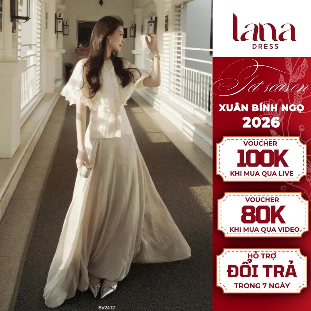 Set váy Lana Dress thiết kế áo len bèo phối chân váy tơ màu gạo trang ...