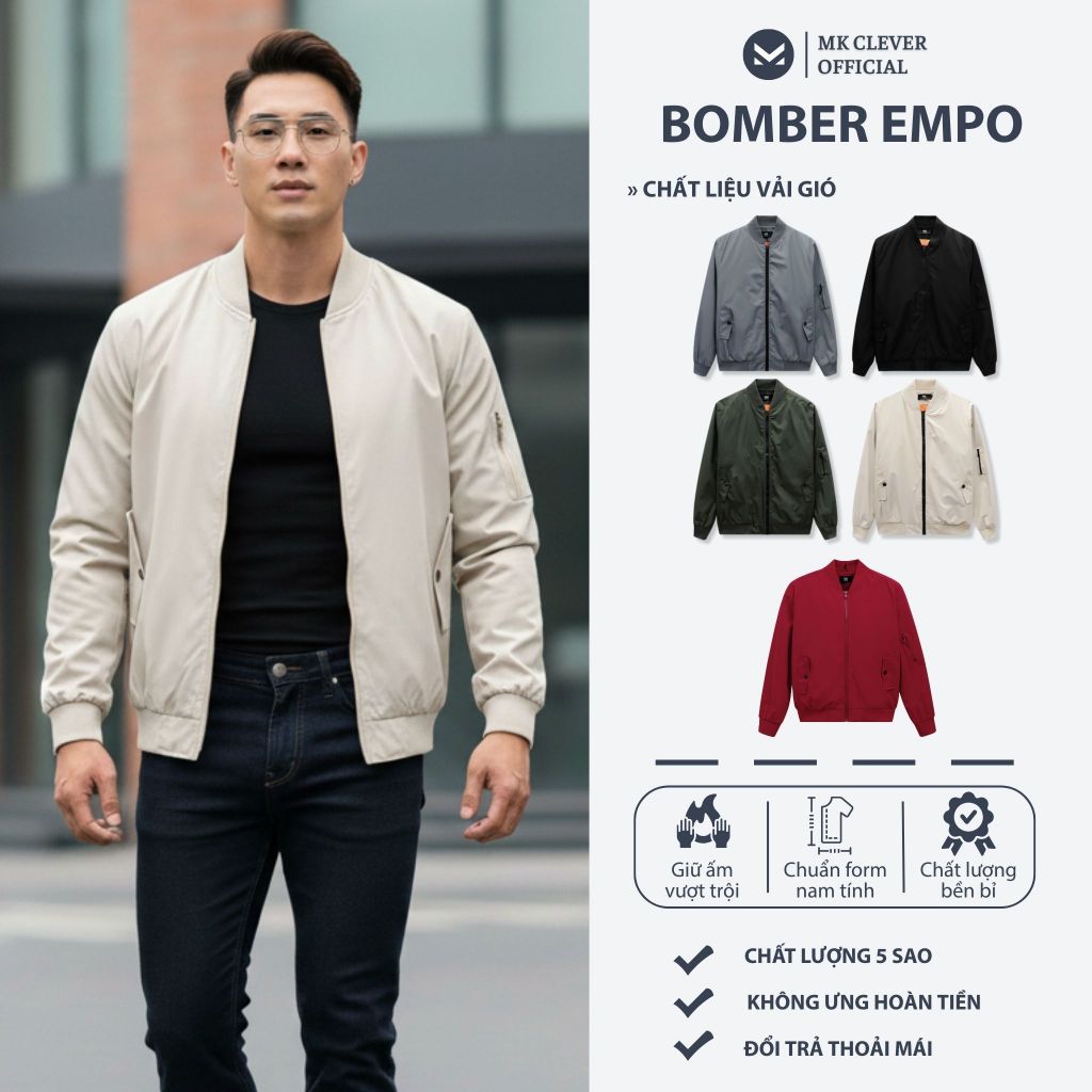 Áo Khoác Bomber nam Empo MK CLEVER Chất liệu vải Gió trần bông dày dặn ...