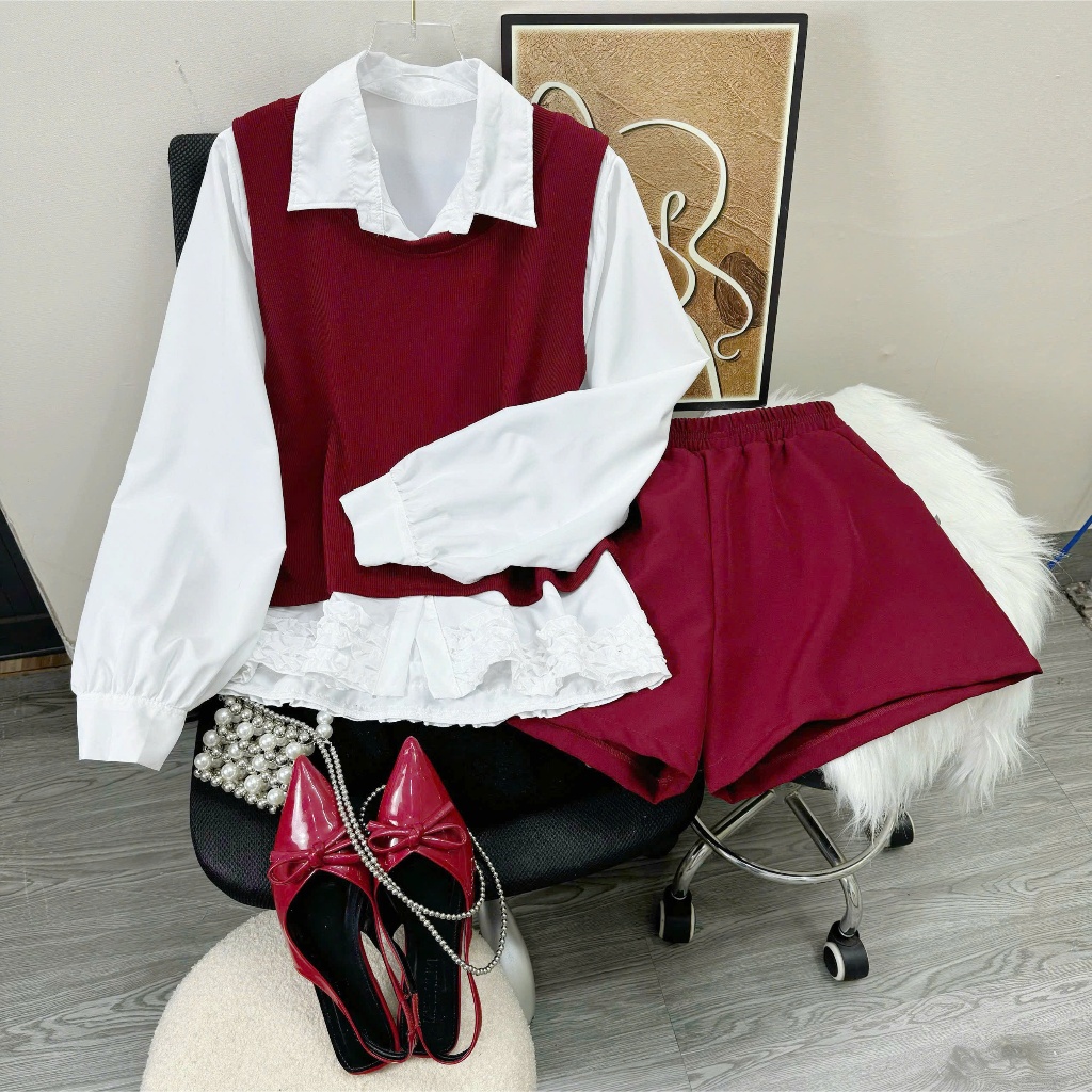 SET Bộ Ghi lê 3 Món Bigsize Nữ Áo Sơ Mi Phối Ghi Lê Rời Kèm Quần Đùi ...
