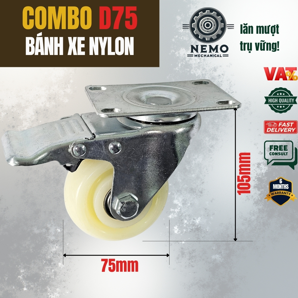 COMBO D75 (3 inch) bánh xe NYLON tải nhẹ, tải trọng 285kg cho xe đẩy ...