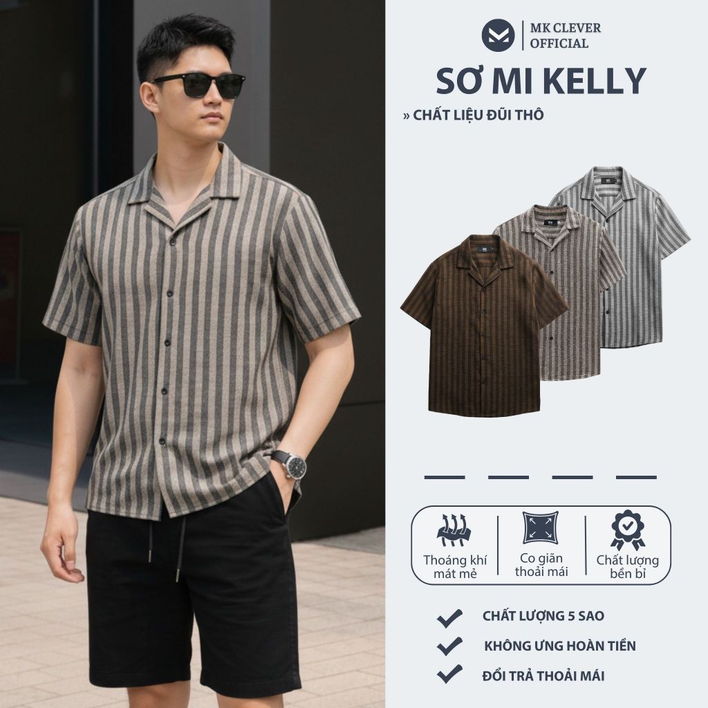 Áo Sơ Mi Cuban nam Kẻ sọc Kelly MK CLEVER Chất Đũi thô mềm mịn, thoáng ...