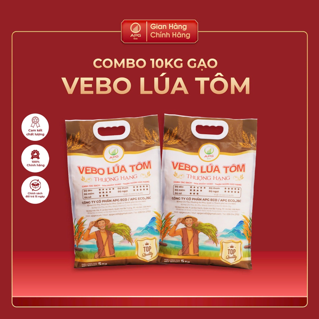 Combo 2 Bao Gạo 5kg VEBO Lúa Tôm APG ECO Thương Hạng Gạo sạch, Mềm, Dẻo ...
