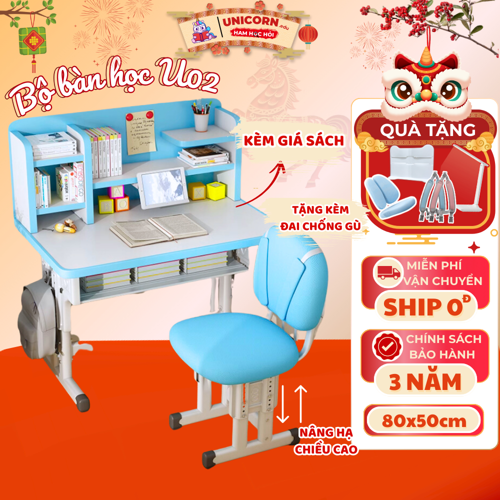 Bộ Bàn học sinh Tiểu học Unicorn U02 Bàn ghế cho bé học Có giá sách ...