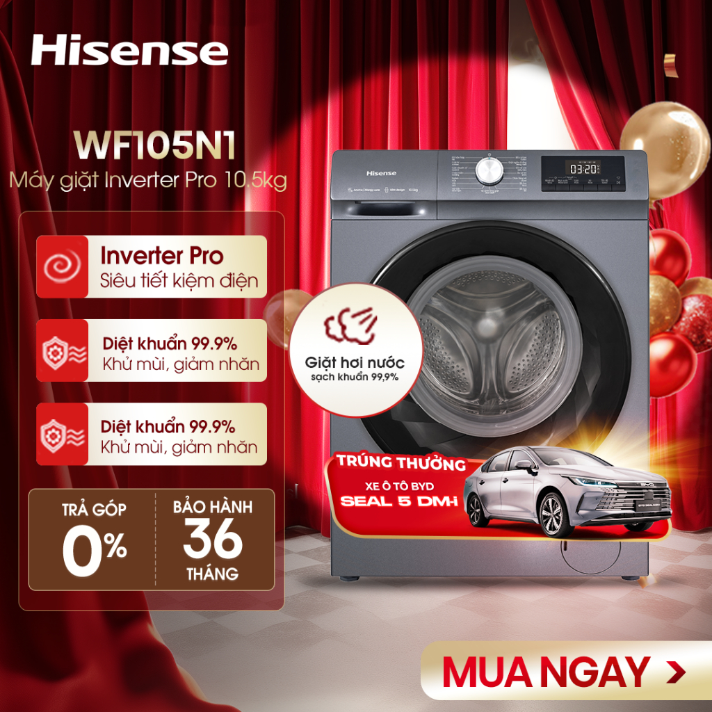 Máy Giặt Hisense BLDC Inverter 10.5kg WF105N1, Giặt Hơi Nước Diệt Khuẩn ...