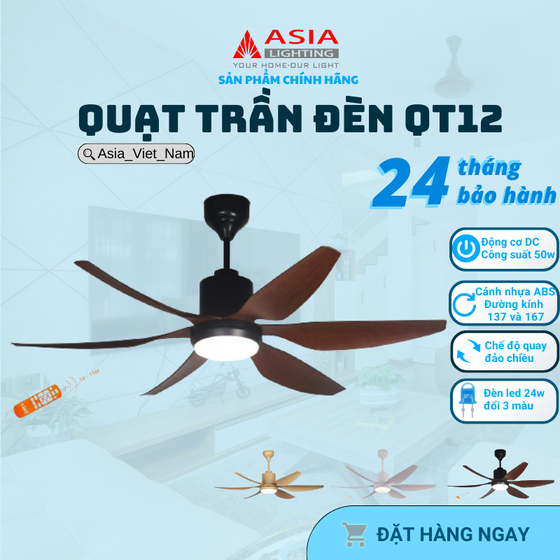 Quạt Trần Đèn ASIA QT12 50W, 6 Cánh Nhựa ABS, Sải Cánh 1370 Và 1670 ...