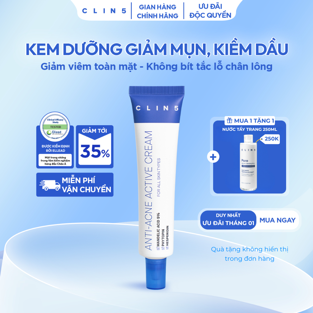 Kem dưỡng giảm mụn, kiềm dầu CLIN5 Anti Acne Active Cream 40ml Mandelic ...