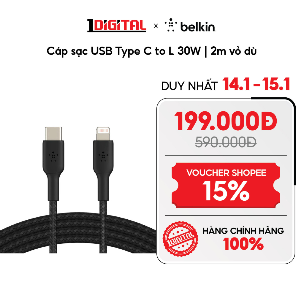 (Belkin) Cáp sạc USB Type C to L 30W | 2m vỏ dù | Shopee Việt Nam