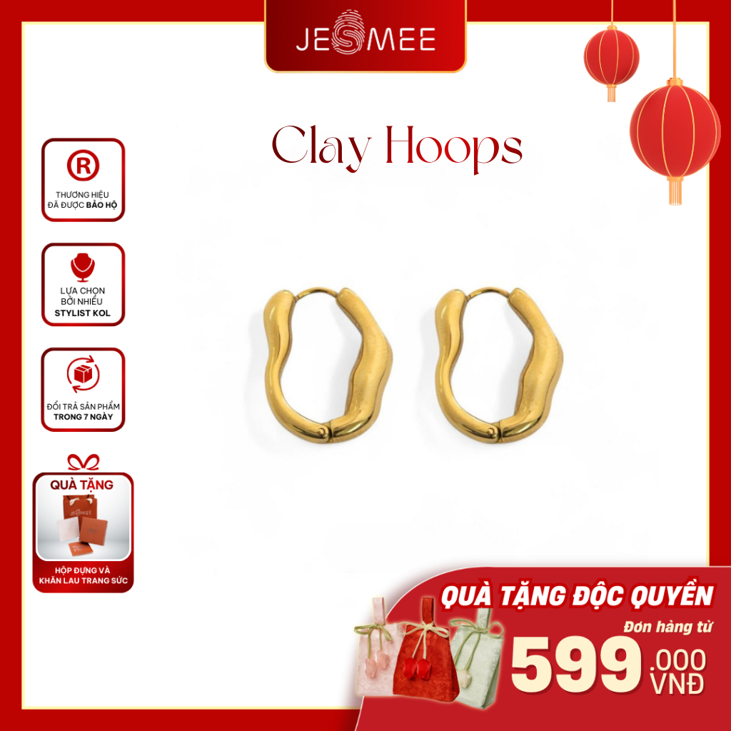 Bông tai nữ Clay Hoops Jesmee thiết kế độc đáo chất liệu titanium mạ ...
