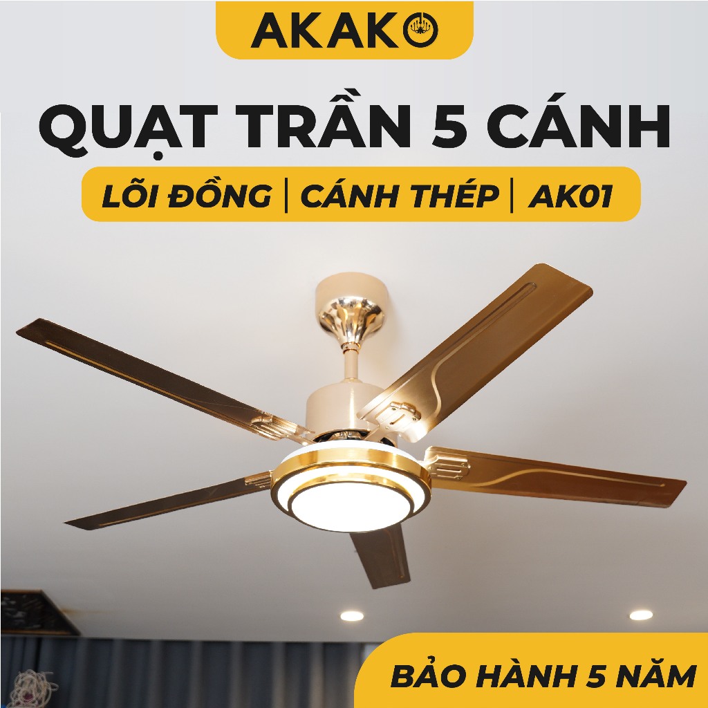 Quạt Trần Đèn 5 cánh AKAKO AK01 sải 1m32 động cơ inverter Lõi đồng ...