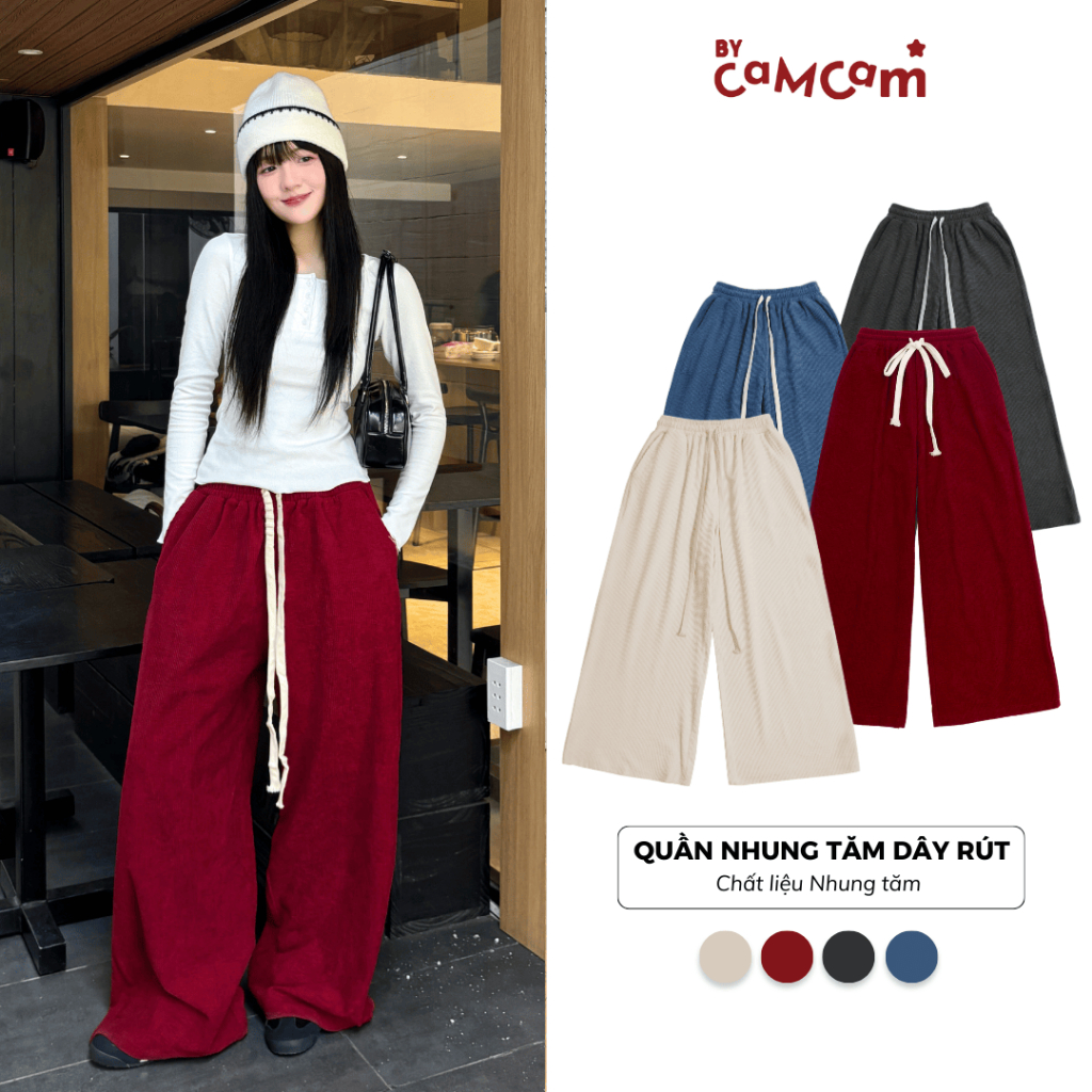 Quần Dài Nhung Tăm 𝑩𝒚𝒄𝒂𝒎𝒄𝒂𝒎 Unisex Ống Rộng Nam Nữ Có Dây Rút Thu Đông ...