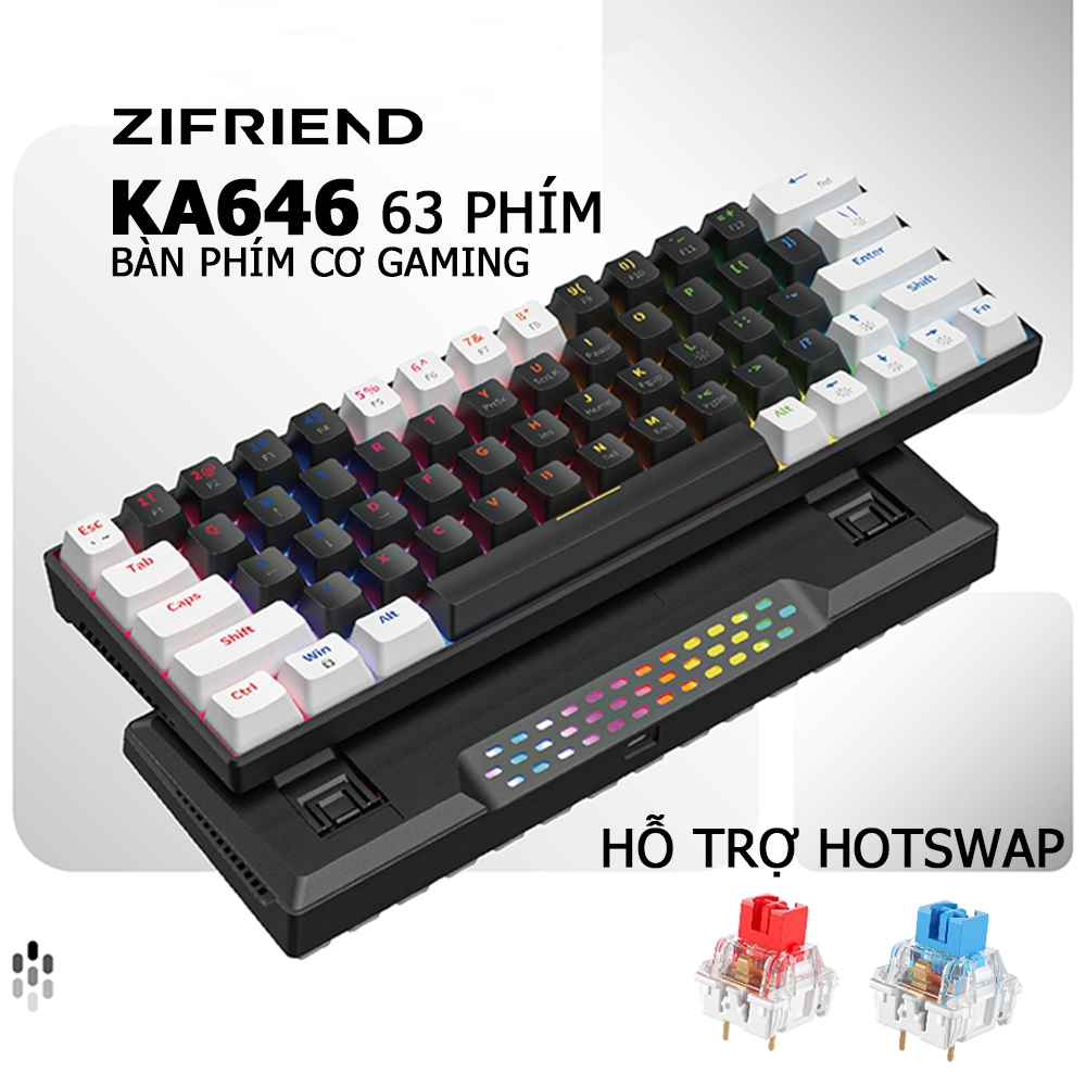 Bàn phím cơ gaming 63 phím Zifriend KA646, Led RGB, Hỗ trợ hotswap, Red ...
